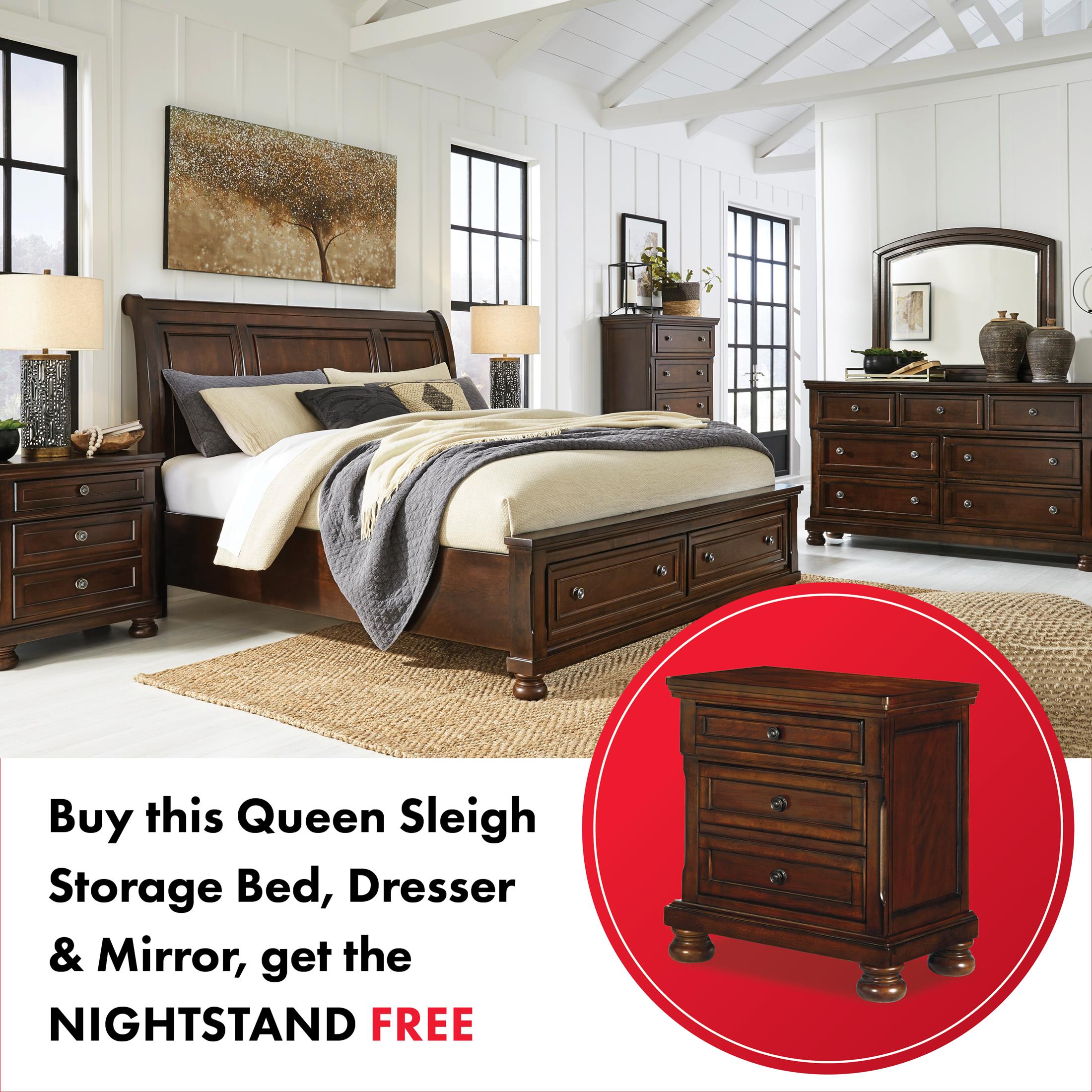 PORTER QUEEN SLEIGH STORAGE BED WITH DRESSER, MIRROR AND FREE NIGHSTAND ...